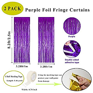 Muhome Purple Foil Fringe Curtain, 2PCS 3.28FT x 8.2FT Tinsel Door Curtains & 1 Masking Tape Purple Fringe Backdrop for Wedding Birthday Bachelorette Mardi Gras Carnival Party Decorations