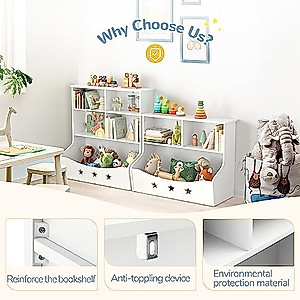 Curipeer Kids Bookshelf, 3-Shelf Storage Bookcase,Large Wooden Open Book Shelf with 5 Cube Units, Star Pattern Toy Organizer and Storage Cabinet for Playing Room, Nursery, Baby's Bedroom, White