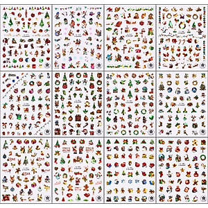 JMEOWIO 12 Sheets Christmas Nail Art Stickers Decals Self-Adhesive Pegatinas Uñas Snowflake Xmas Winter Holiday Deer Nail Supplies Nail Art Design Decoration Accessories