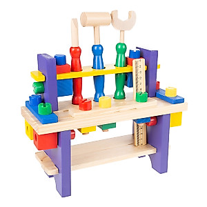 Hey!Play! Kids Workbench and Tool Set- Solid Wood Tabletop Workshop, Pretend Play Toy Building Set, Includes Hammer, Ruler, Screwdriver, Wrench