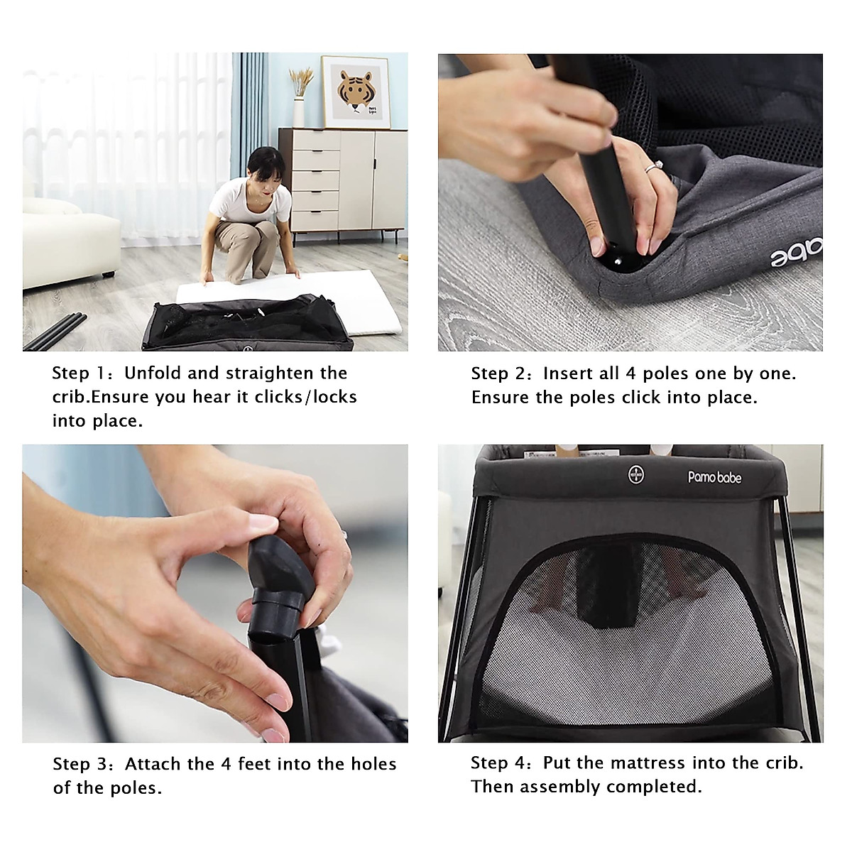 Lightweight Foldable Travel Crib, Portable Crib for Baby Travel, Portable Playard with Carry Bag for Infant Toddler Newborn(Grey)