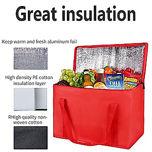 musbus 2-Pack XL-Large Insulated Grocery shopping bags, Red, Reusable, Heavy Duty, zipped zipper,Collapsible,tote,cooler,groceries,for car,Recycled Material Warm Foldable bag