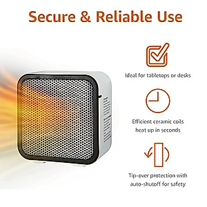 Amazon Basics Ceramic Space Heater, Mini Heater for Office Desk, 500 W, Portable Tent Heater for Camping (Indoor Use), With Tip-Over Protection, Lightweight (1.4 LBS), White, 5.9 x 3.2 x 6 inches