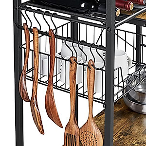 Yaheetech Industrial Kitchen Baker’s Rack Utility Microwave Oven Stand with Wire Basket & 10 S Hooks, Coffee Bar Spices Utensils Storage Shelf, Easy Assembly, Rustic Brown