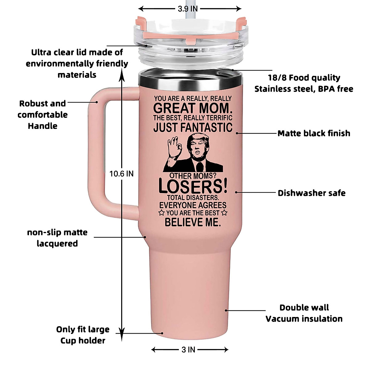 DOUBLECHILD Mothers Day Gifts for Mom from Daughter, Son, Kids - Great Mothers Day Tumbler - Ideas Presents for Mom on Birthday, Xmas - Insulate Stainless Steel Tumbler 20oz, Pink 40oz with Handle