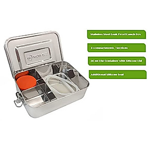 MORE-ECO Stainless Steel Leak Proof Bento Box With Three Sections And 50 Ml Dip Container. 1200 ML Stainless Steel Lunch Box Dishwasher Safe Silver 18.5 CM X 13 CM X 5.5 CM