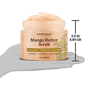 Mango Butter Body Scrub with Collagen and Stem Cells 12 oz - Exfoliating Salt Scrub for Cellulite - Deep Cleansing for Acne, Scars, Wrinkles - Moisturizes Skin