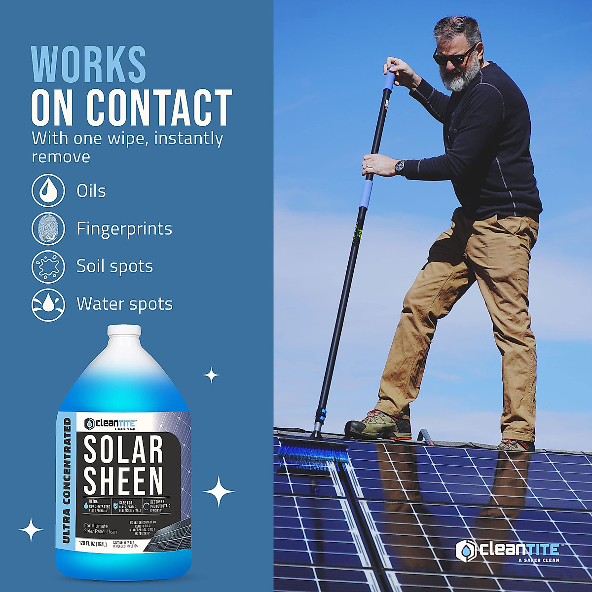 CLEANTITE Solar Panel Cleaner Solar Sheen (Makes 512 Gallons) - Super Concentrated Glass & Solar Panel Cleaning, Remove Oils, Fingerprints & Water Spots (1 Gallon)