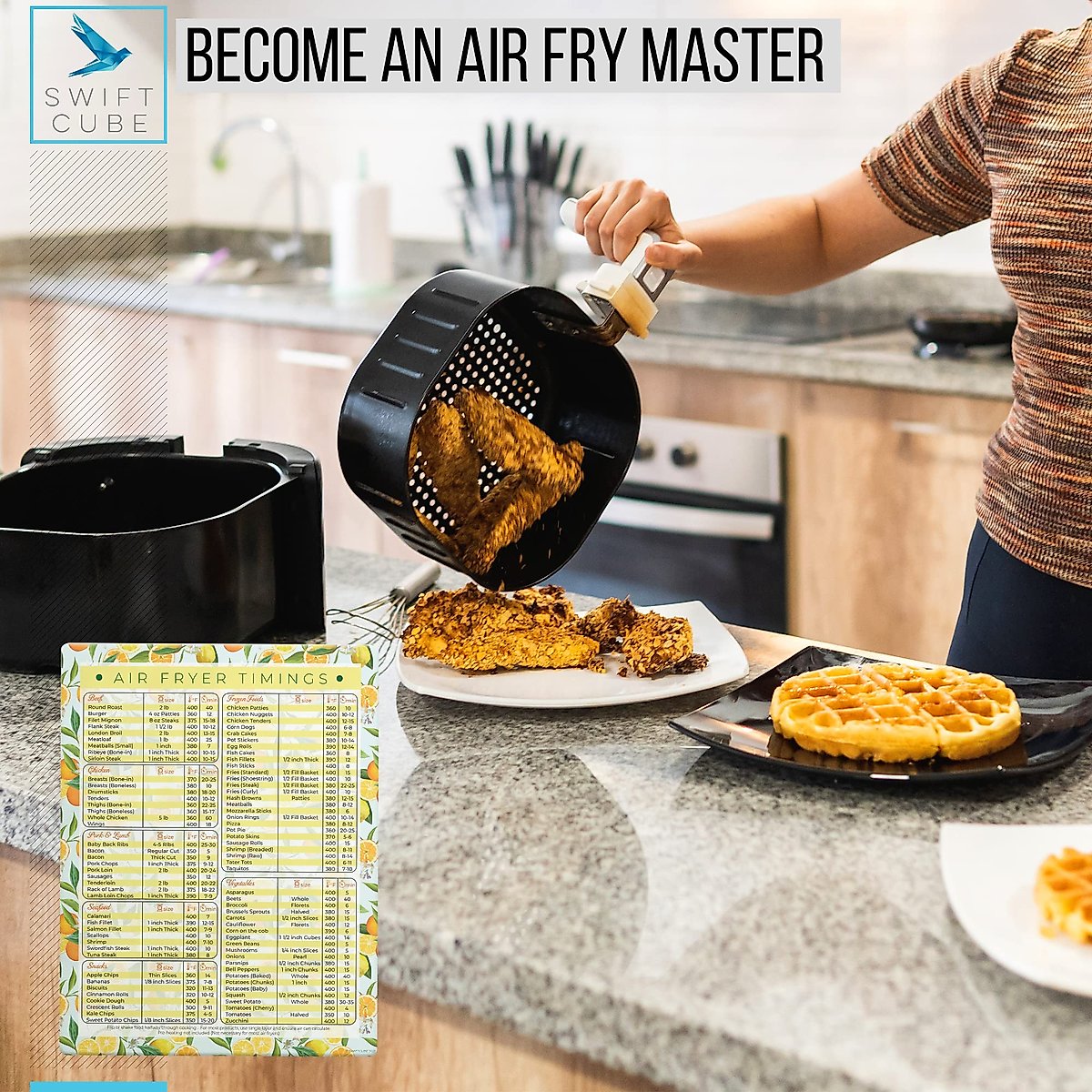 SwiftCube Air Fryer Magnetic Cheat Sheets, Multicooker Cheat Sheet Recipe Magnets, with Cooking Temperature, Time & Size Chart Conversion Measurement, Orange-Lemon Kitchen Decor, 8.5"x11" Citrus Dream