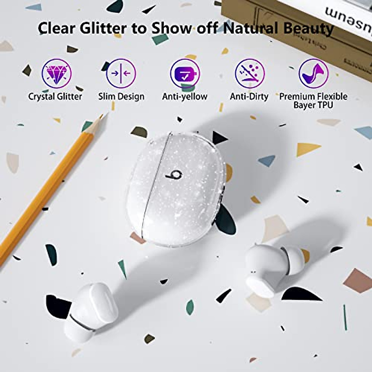 Aircawin for Beats Studio Buds Case 2021 Clear Glitter,Sparkly Bling Clear Case for Beats Studio Buds + Case Cover 2023,Shockproof Soft TPU Case for Beats Studio Buds Case Cover with Keychain-Glitter