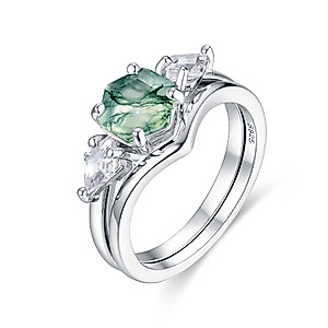 ITI KUOLOLIT Natural Moss Agate Gemstone Genuine 925 Sterling Silver Ring for Women Hexagon Cut Women's Ring Set for Engagement Wedding Jewelry (Moss Agate White, 5)