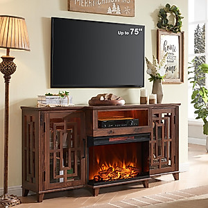 JXQTLINGMU 3-Sided Glass Fireplace TV Stand for 75 Inch TV, Large Farmhouse Media Console with LED Light, Highboy Entertainment Center with 3 Side Cutouts Glass Doors for Living Room, Antique Brown
