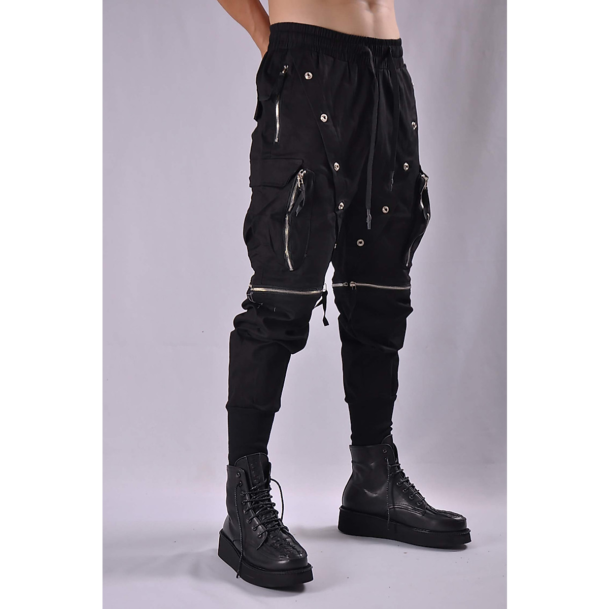 MOKEWEN Men's Women Rivet Zipper Decorate Pockets Cargo Jogger Active Pants 32-33