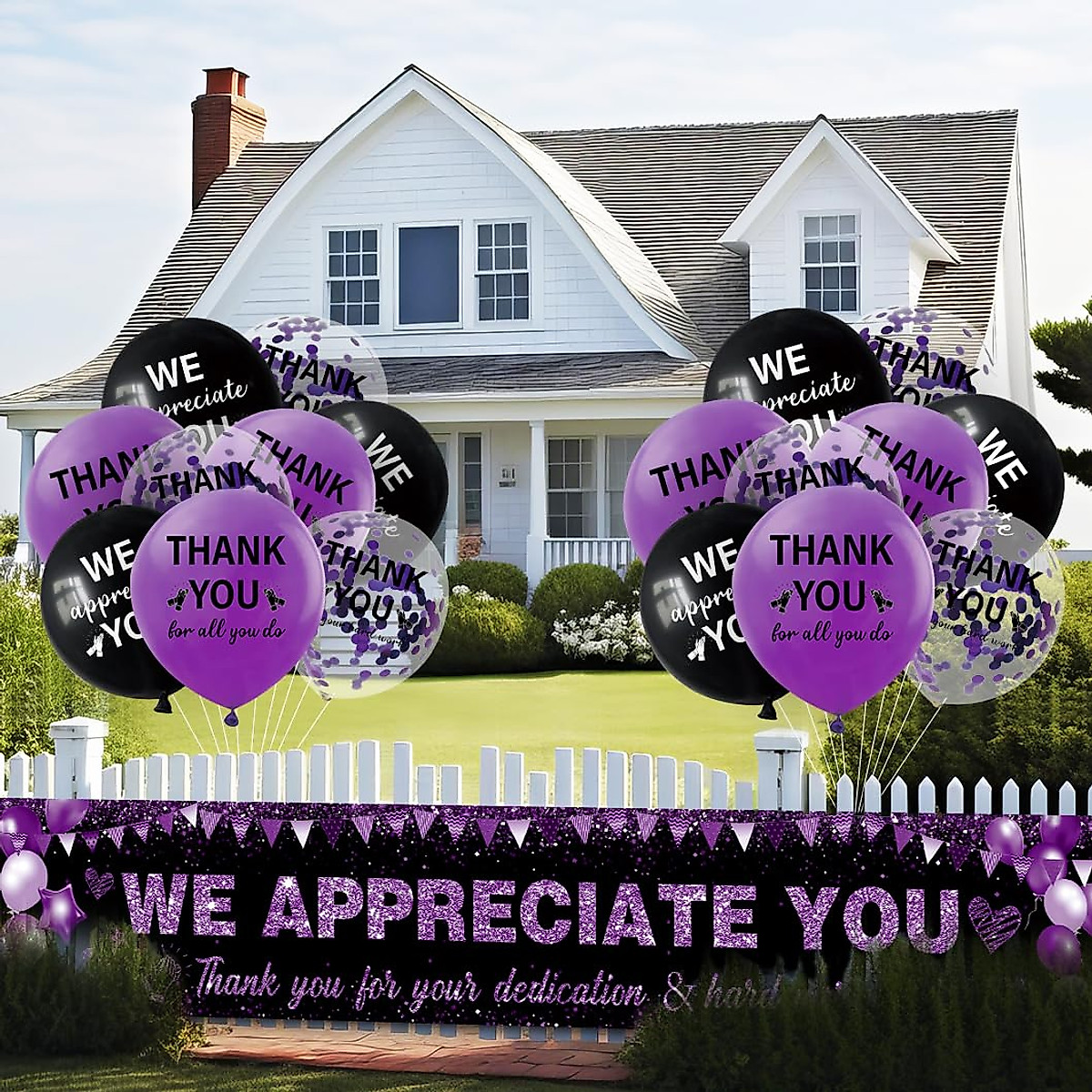 We Appreciate You Decorations Purple Black We Appreciate You Banner with 18 Balloons Thank You Yard Sign for Teacher Employee Staff Poaster Doctors Nurse Volunteer Appreciation Week Party Decor
