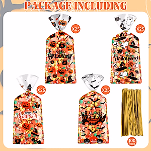 100 Pcs Halloween Treat Bags - Happy Halloween Goodie Bag, Plastic Halloween Pumpkin Cellophane Bags Bulk, Clear Gift Goody Candy Bags with Twist Ties for Halloween Party Supplies Favors Decorations