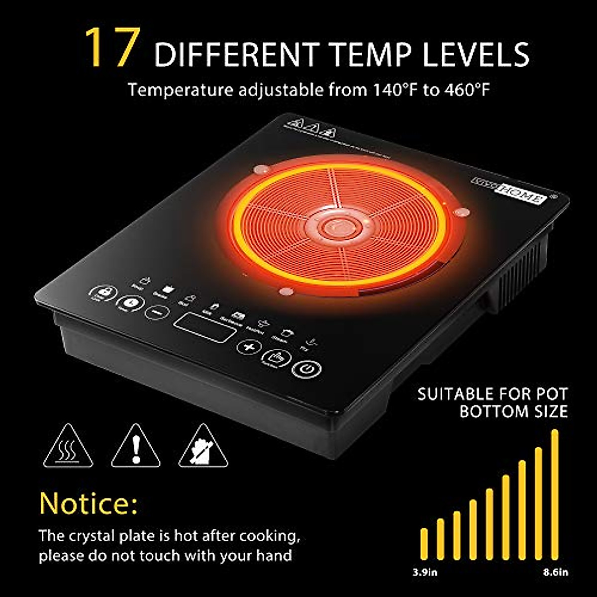 VIVOHOME 120V 1800W Electric Portable Induction Cooktop with 8 Preset Buttons, Sensor Touch Countertop Burner with 180-Min Countdown Timer and 0-24H Timing Start, 140-460℉ Temperature Adjustable