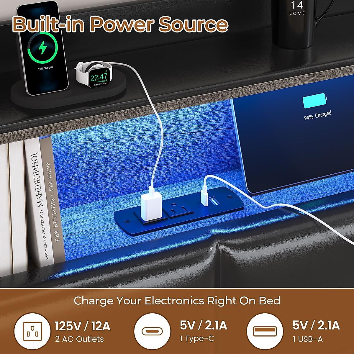 BTHFST Floating King Bed Frame with Storage Headboard & Charging Station, RGB LED Floating Platform Bed, Solid Wood Slats Support, No Box Spring Needed, PU Black