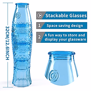 MDLUU Fish Design Tumbler Glasses, Stackable Drinking Glasses, Colored Glass Beverage Cups, Nautical Glassware for Gift, Set of 4 (Blue)