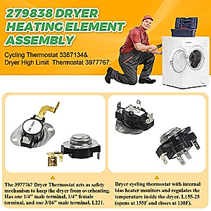 279838 W10724237 Dryer Heating Element Kit - Replacement for Whirlpool Maytag Kenmore Dryers - Includes 3977393 & 3392519 Thermal Fuse & 3977767 Dryer Thermostat & 3387134 Cycling Thermostat