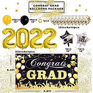 MOMOHOO Graduation Party Decorations 2022 - 47Pcs Class of 2022 Graduation Decorations, Graduation Congrats Grad Backdrop Banner/2022 Balloon/Black and Gold Confetti Balloon, Graduation Party Supplies