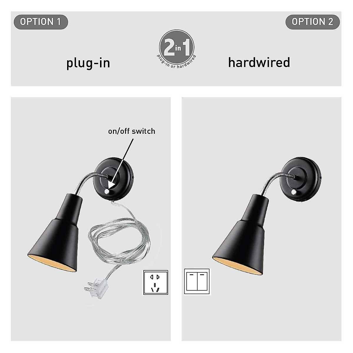 AN.KLN Plug in Wall Light Flexible Gooseneck Reading Lamp with Switch, Vintage Industrial Black Metal Bedside Wall Lamp, 1.8m Cable, E27 Socket, for Bedroom Living Room Study,1Pack