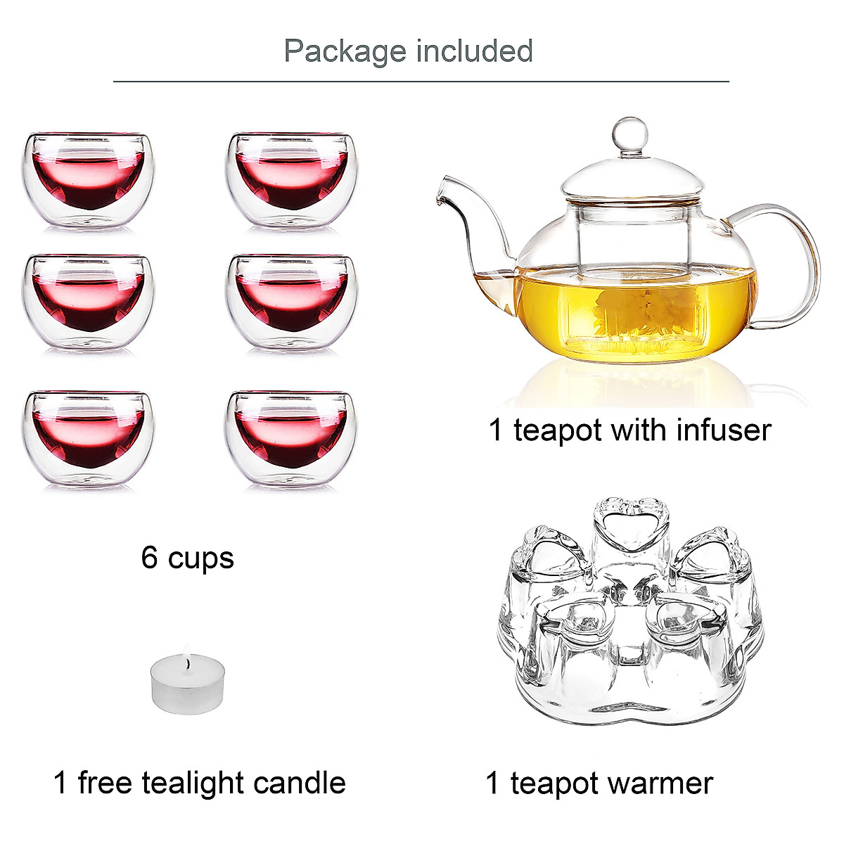 Jusalpha 11 PC-Glass Filtering Tea Maker Teapot with a Warmer and 6 Tea Cups Set (Version 2, 27-Oz)