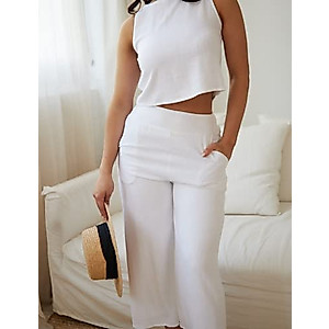 Meyhad Womens Cotton Linen 2 Piece Outfits Crop Tank Tops Wide Leg Pants Set Casual Lounge Sets(0350-White-XL)