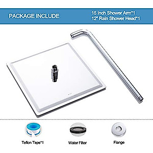 RODDEX Square Rain Shower Head, High Pressure Rainfall Showerhead, Large Fixed Stainless Steel Polished Chrome Shower Rain, 12 Inch Rainhead + 15 Inch Extension Arm