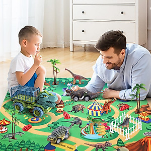 CUTE STONE Dinosaur Truck, Dinosaur Transport Car Carrier Truck with Dinosaur Toys, Friction Powered Cars, Activity Playmat, Dino Car Playset Toys for Kids Boys Grils