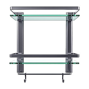 Vdomus Glass Bathroom Wall Organizer Shelf, 2-Tier Glass Shelf with Integrated Towel Bar Wall Mounted Shower Storage 15.2 by 5 inches, Brushed Silver Finish (2 Tier Glass Shelf)
