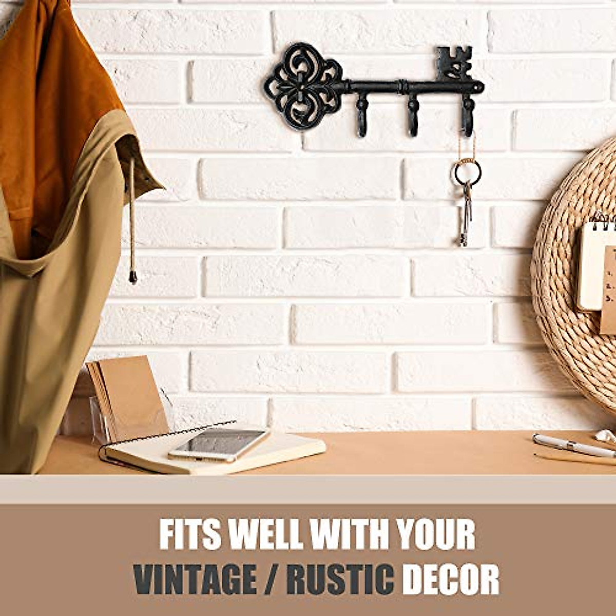 IRISVITA Key Holder for Wall Decorative, Antique Black Cast Iron Wall Key Holder, Rustic Key Hooks for Wall with 3 Hooks, 8.75 x 3.5 Inches with Gitable Packaging, Matching Screws and Anchors included