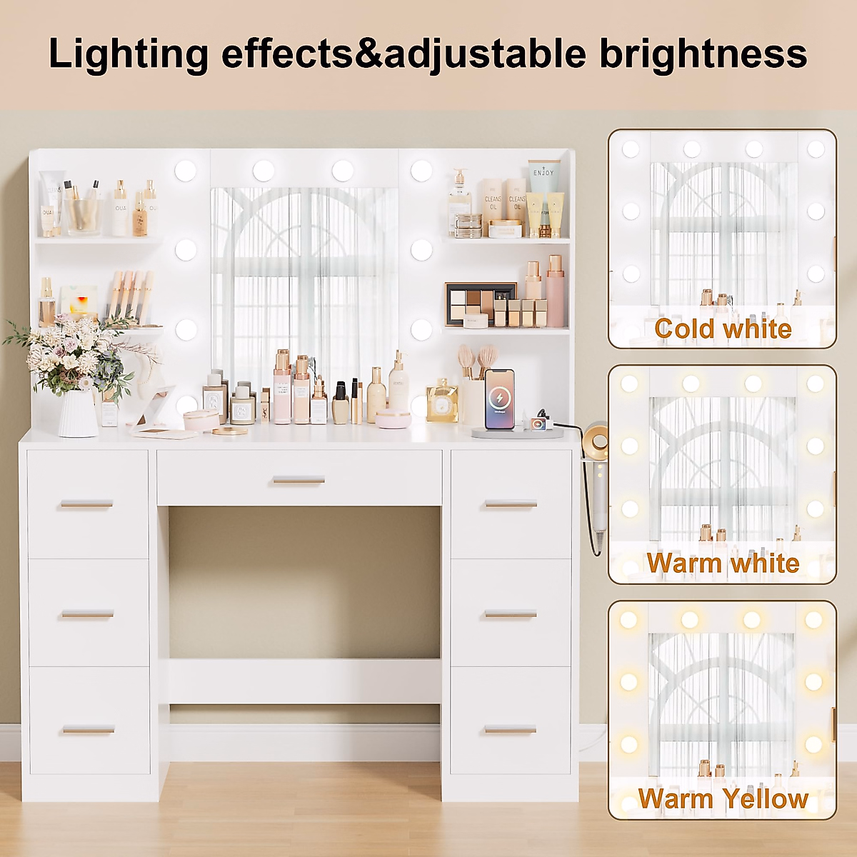 Acurax Vanity Desk with Mirror and 10 Lights, Makeup Table with 7 Drawers and Open Shelves, 3 Color Modes and Adjustable Brightness, Power Outlet for Bedroom, White