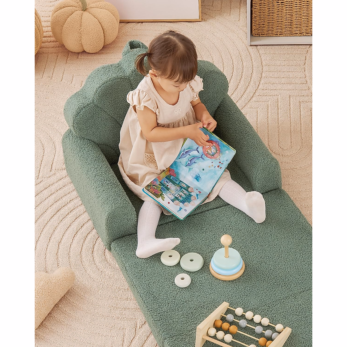 Blissful Diary Kids Couch, 2-in-1 Soft Toddler Couch Fold Out, Toddler Chair Comfy, Convertible Sofa to Lounger with Cute Shell Designs, Green