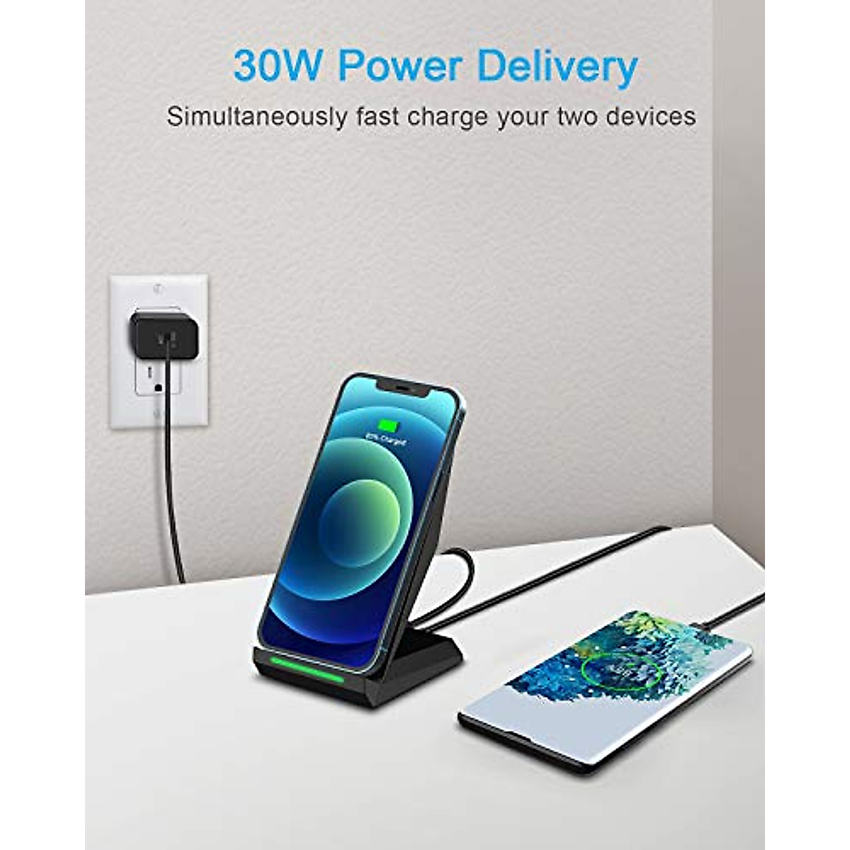 NANAMI 30W Max Wireless Charger, Qi Certified Fast Charging Stand With USB-A Port,Compatible iPhone 14/13/12/11 Pro/XS Max/XR, Galaxy S23/S22/S21/S20/S10/S9,Note 20/10/9(with PD Adapter Phone Charger)