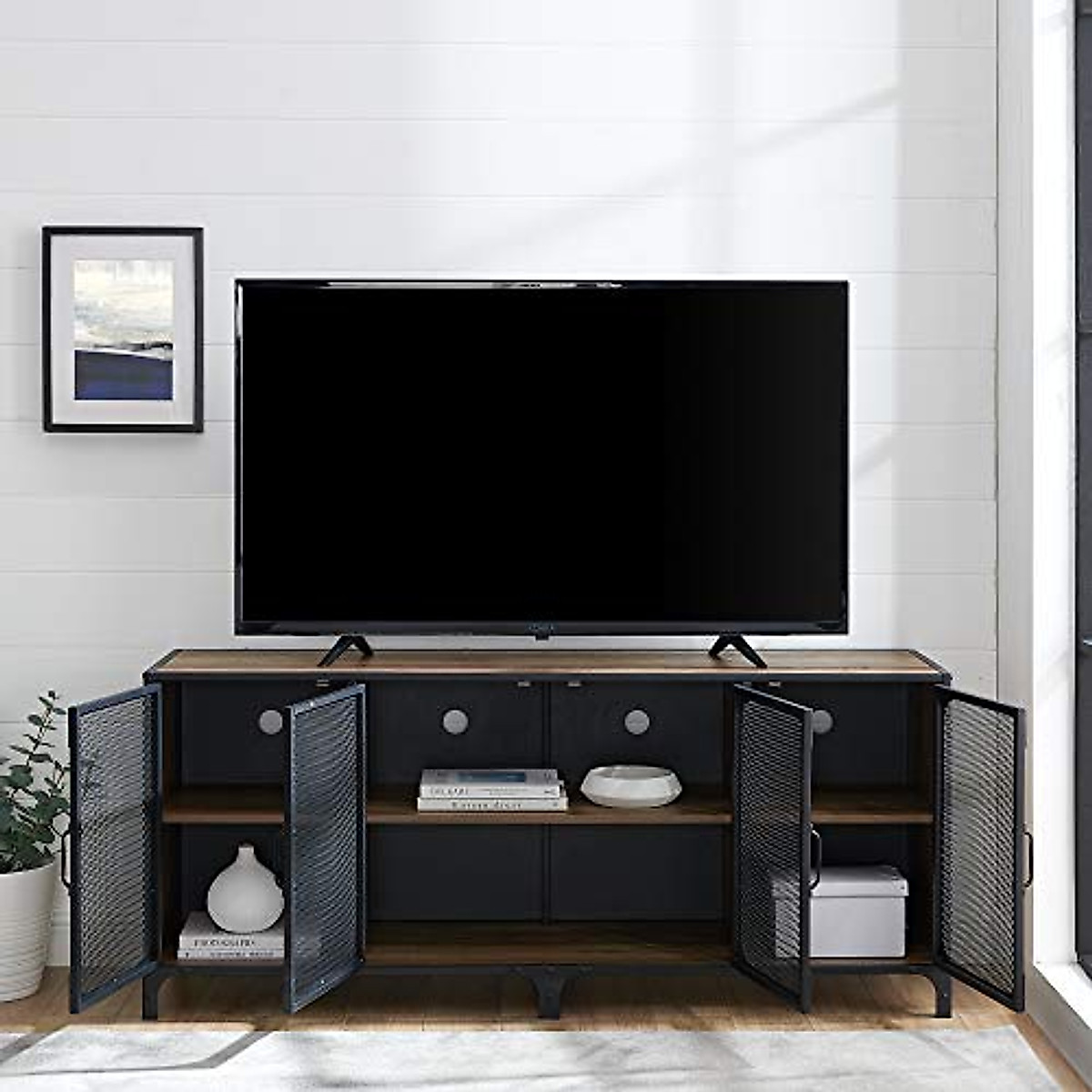 Walker Edison Malcomb Urban Industrial 4 Door Metal Mesh TV Console for TVs up to 65 Inches, 60 Inch, Rustic Oak
