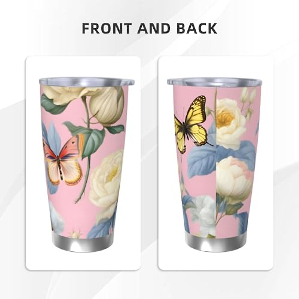AYCZN Butterfly White Flower 20 OZ Tumbler Stainless Steel Travel Coffee Mug, Romantic Floral Insulated Water Bottle with Lid and 2 StrawsLeakproof Thermal Cup