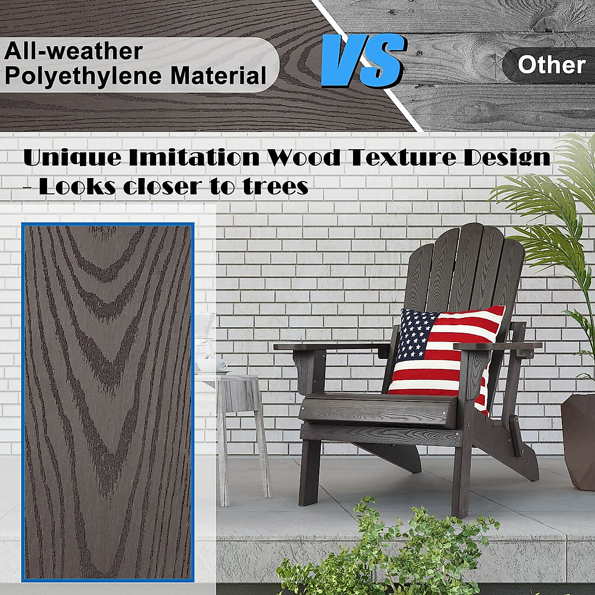 Folding Adirondack Chairs Set of 2, Outdoor Patio Weather Resistant Chair, Imitation Wood Stripes, Easy to Fold Move & Maintain, Plastic Chair for Backyard Deck, Garden Lawn Porch - Dark Brown