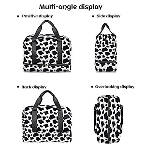 Cow Print Sports Gym Bag with Shoes Compartment,Black and White Travel Duffel Bag for Women Men Boys Girls Teens Overnight Weekend Yoga Workout Bag Training Handbag