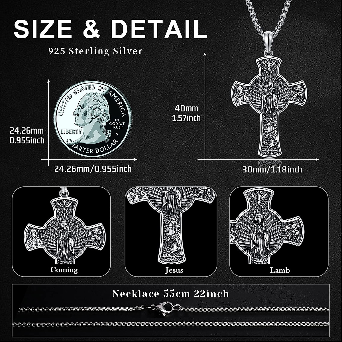 Jesus Cross Necklace for Men 925 Sterling Silver Crucifix Necklace Women with Chain Baptism Christian Jewelry Gifts