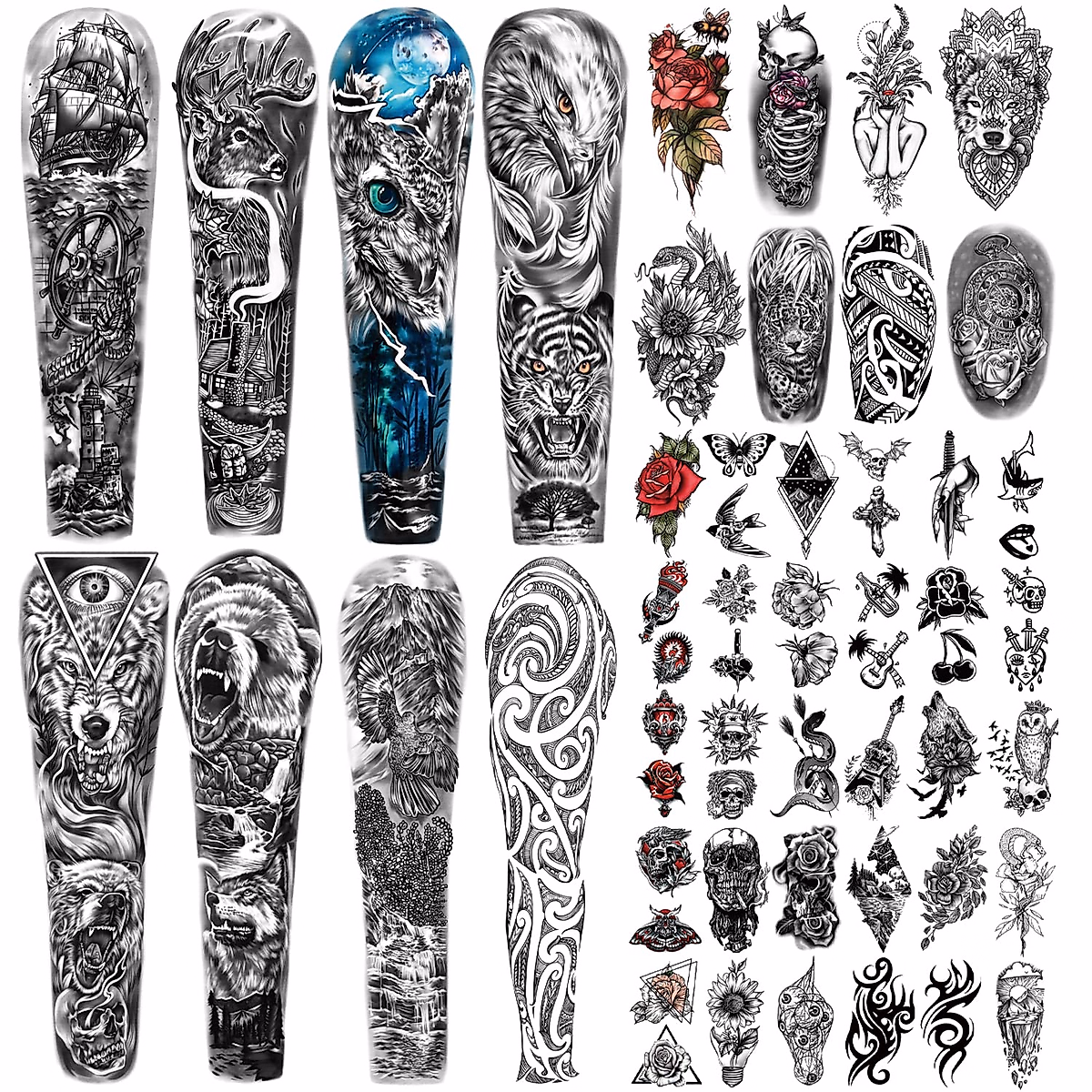 46 Sheets Lion Wolf Full Arm Temporary Tattoo for Women or Men Rose Flower Snake Half Arm Temporary Tattoos for Girls Boys Long Lasting Bird Angel Fake Tattoo for Kids