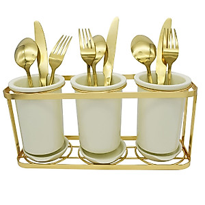 FORESEEX Ceramic Kitchen Outdoor Silverware Caddy Flatware Cutlery Holder Utensils Organizer with Drain Tray and Metal Rack for Spoons Knives and Forks (Light Yellow 3 Cups)