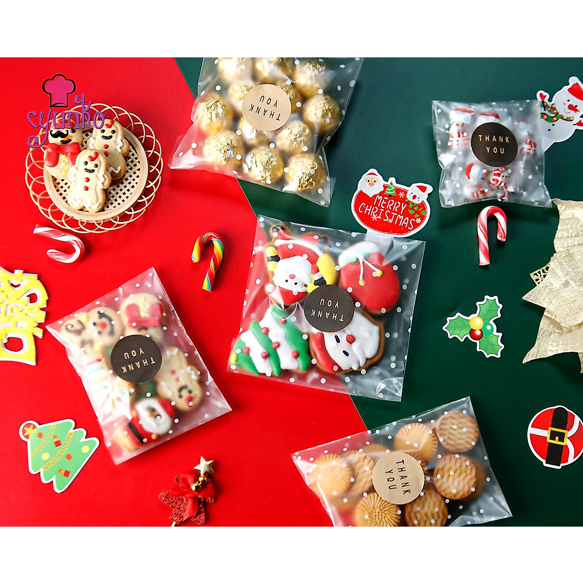 YunKo 200PACK Self Sealing Cellophane Bags Clear Cookie Bags for Gift Giving Treat bags for Packaging Cookies,Candy,Gifts(White Polka Dot,4x4Inches)