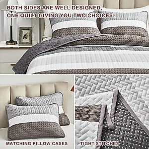 Joyreap 3 Pieces Quilt Set Full/Queen, Light Gray n Brown Stripes Design, Smooth Soft Microfiber Quilt, Bedspread Bed Cover for All Season, 1 Quilt and 2 Pillow Shams- 90x90 inches