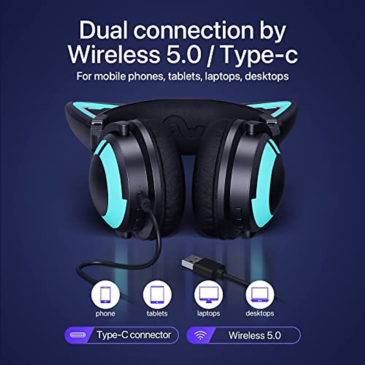 YOWU RGB Cat Ear Headphone 3S Wireless Bluetooth 5.0 Foldable Gaming Headset with Built-in Mic & Customizable Lighting and Effect via APP, Type-C Charging Audio Cable, for PC Laptop Mac Smartphone