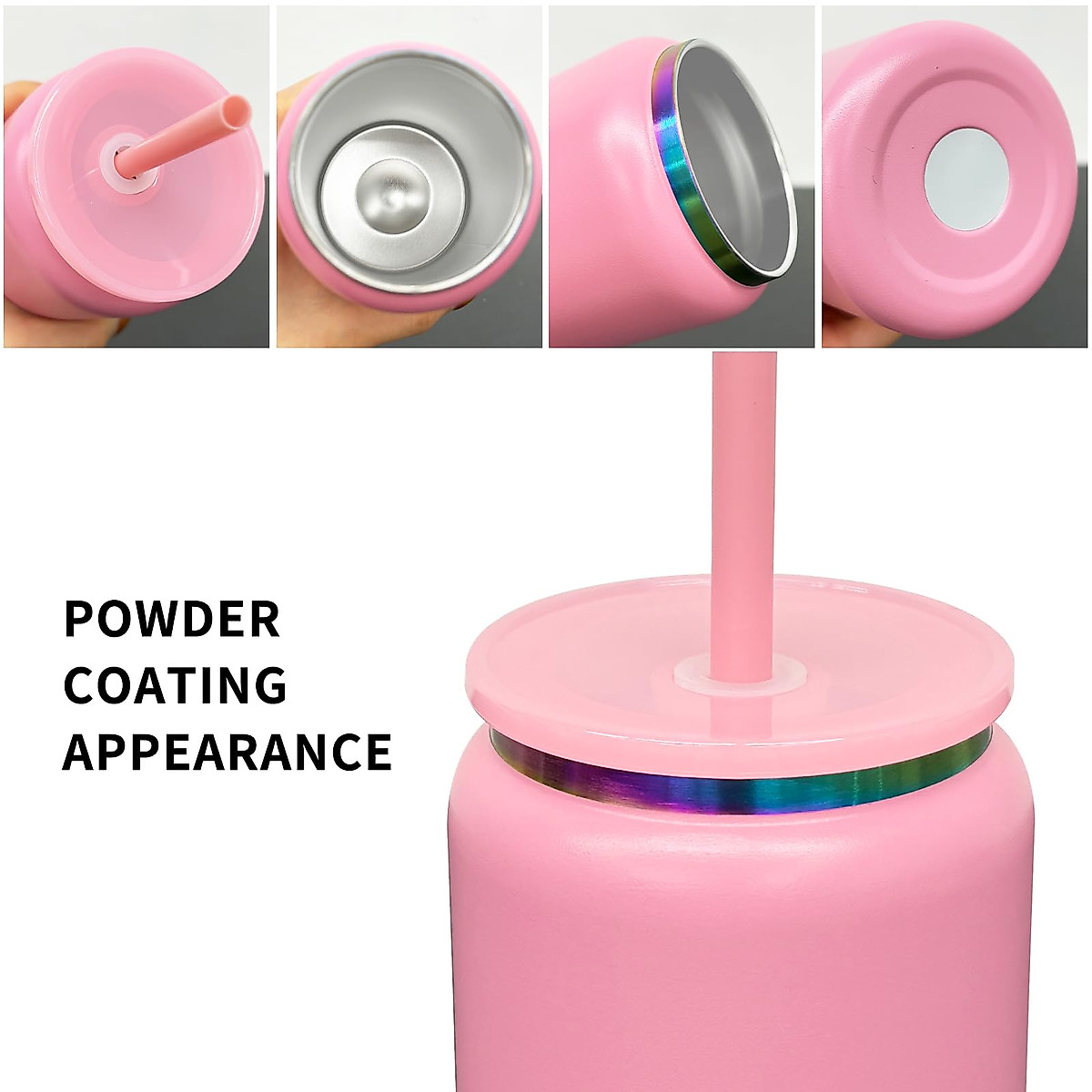 Glass Cups with Lids and Straws, 16 oz Stainless Steel Cups, Insulated Skinny Tumbler, Powder Coated Travel Mugs for Laser Engrave, Iced Coffee Cup for Smoothie Water DIY Gift (Pink,1 pack)