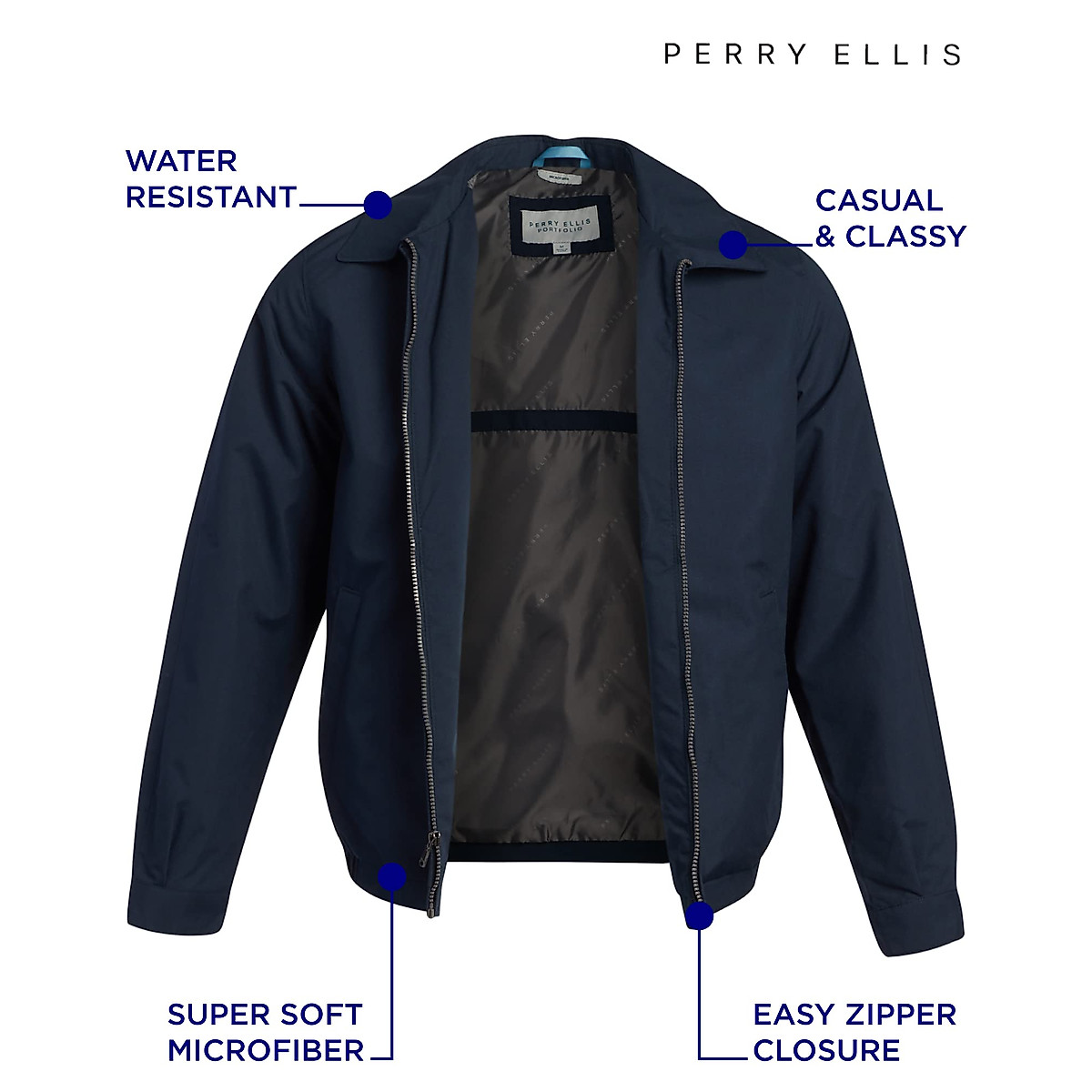 Perry Ellis Men's Golf Jacket - Lightweight Microfiber Water Resistant Windbreaker Jacket for Men with Cinched Waist (S-XL), Size Large, Dark Sapphire