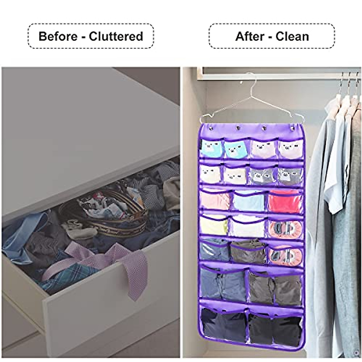 ANZORG Dual Sided Hanging Organizer for Jewelry Makeup Storage Closet Organizers for Bows Socks Underwear with 42 Clear Pockets (PURPLE)