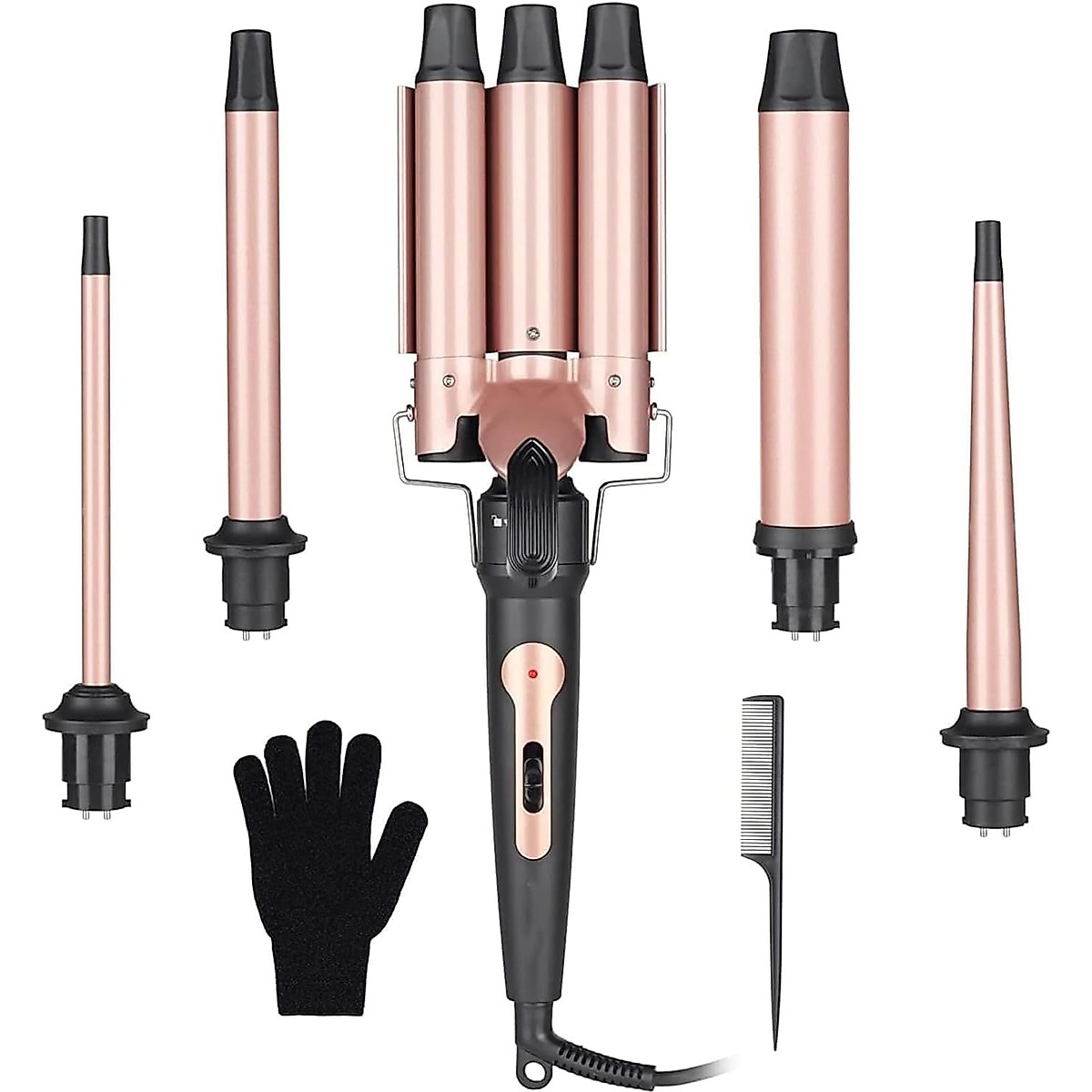 Beach Waver Curling Iron Wand Set 5 in 1 Hair Curlers Waver Crimper Tool for Women Man 3/8 inch - 1 1/4 inch Curling Wands with Attachments for Hair Curly Hairstyle