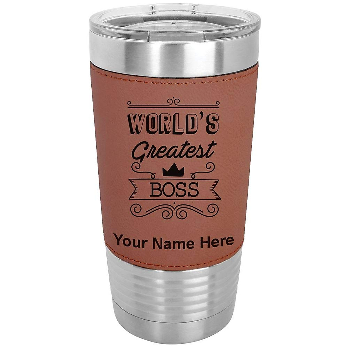 LaserGram 20oz Vacuum Insulated Tumbler Mug, World's Greatest Boss, Personalized Engraving Included (Faux Leather, Dark Brown)