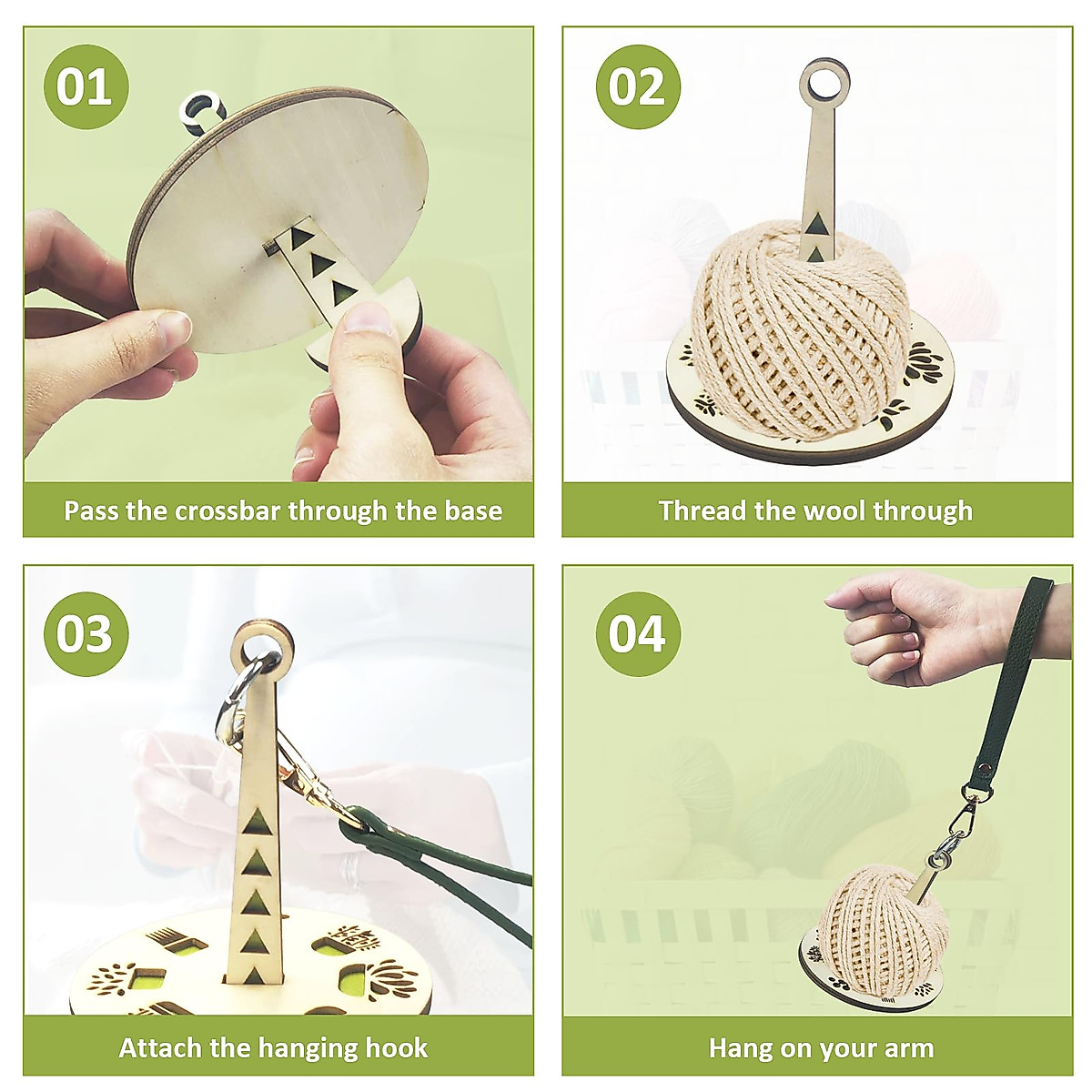WOODOUNAI Portable Yarn Holder with Wrist Strap - Ultimate Yarn Organizer with Wrist Strap & Wooden Stand - Prevents Tangling for Effortless Crocheting and Knitting On-The-Go (Green)